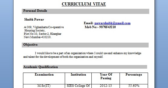 MSC in IT CV Sample Format in Word Free Download