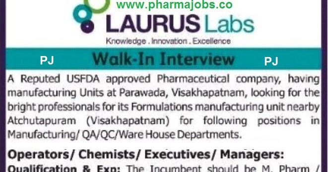 Walk-In on 10th & 11th Sept for multiple post @ Laurus Labs ~ Biotechnology Jobs