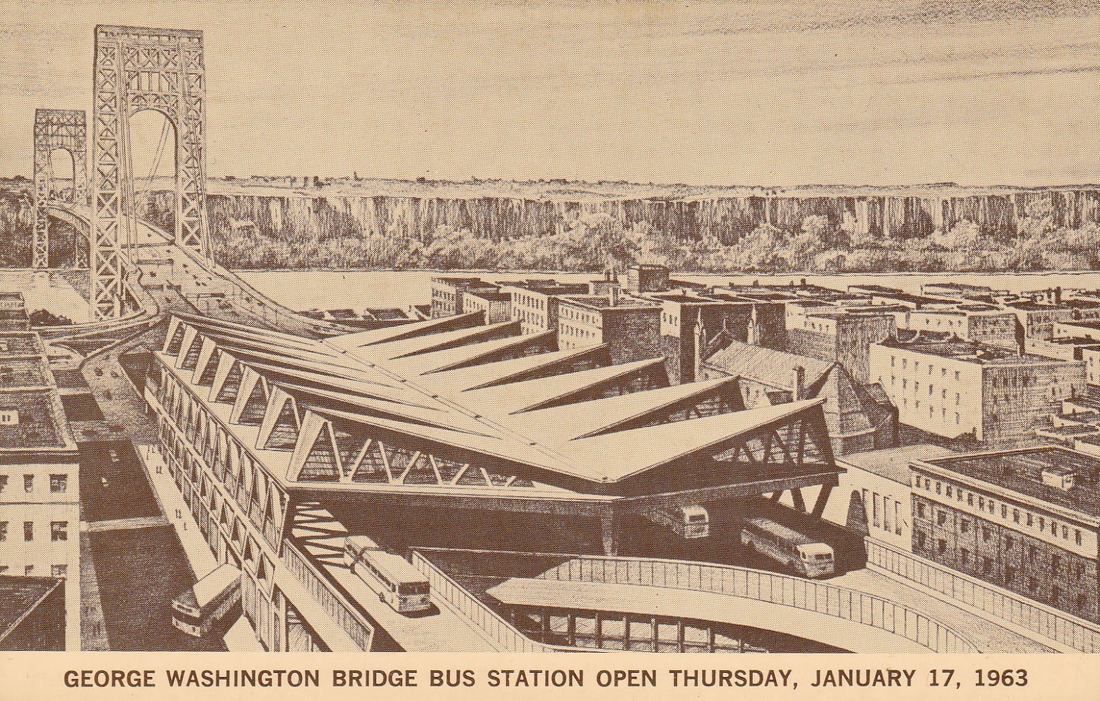 POSTALES INVENTADAS: 1038. George Washington Bridge Bus Station