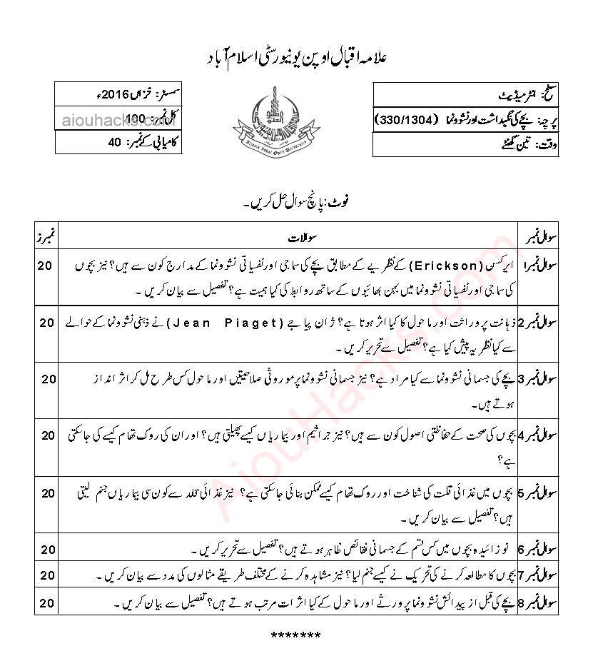 FA Intermediate Child Care and Development 330/1304 Past Papers