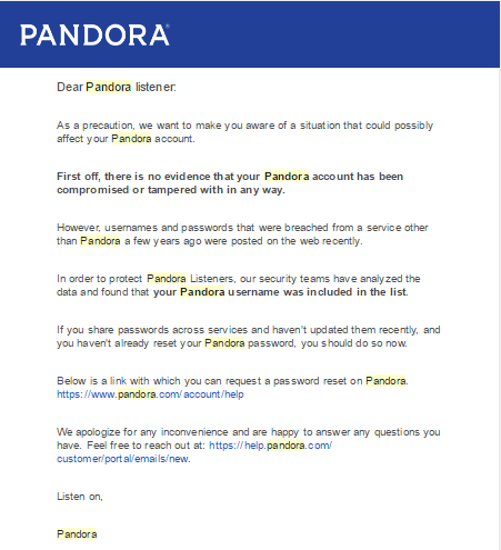 Pandora account compromise warning message