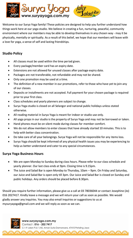 Surya Yoga Studio Policy |Walking On Sunshine @ Surya Yoga