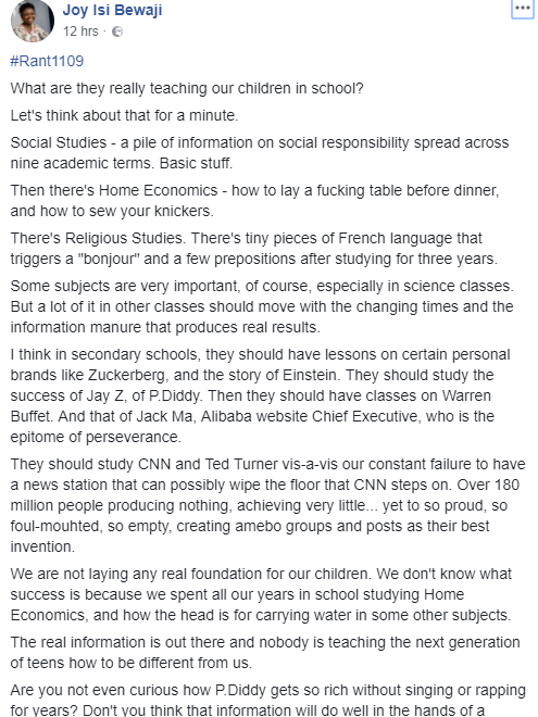 Facebook Post: Joy Isi Bewaji Shreds Nigerian Education System And ...