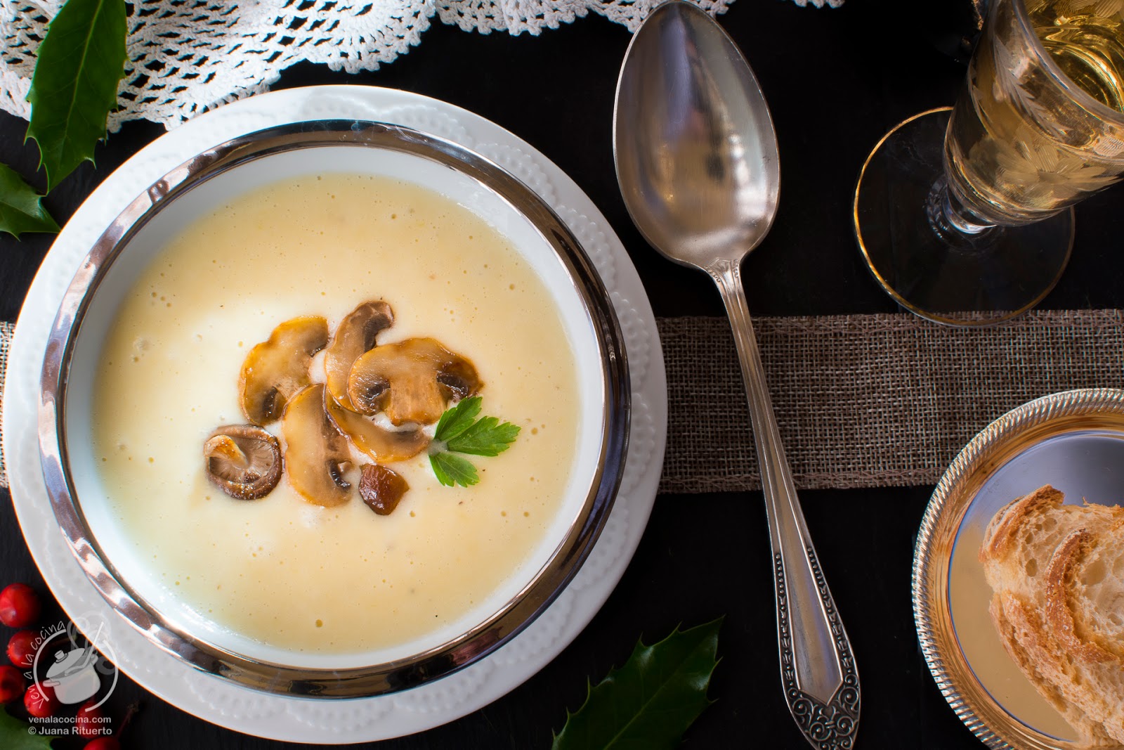 Crema de patata fácil con champiñones (versión festiva). Navidad 2018