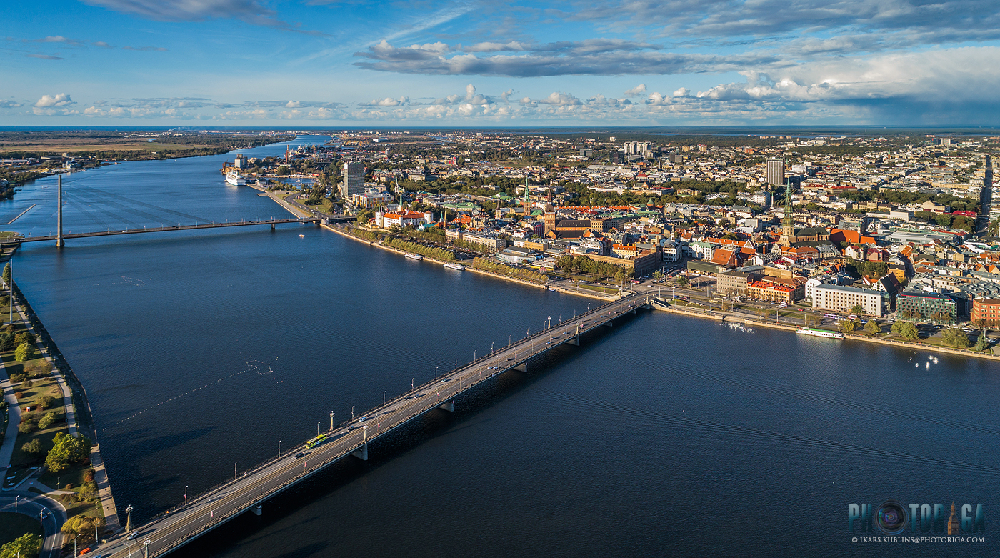 Panorama view of Daugava bridges and Old Town - Riga City Photos