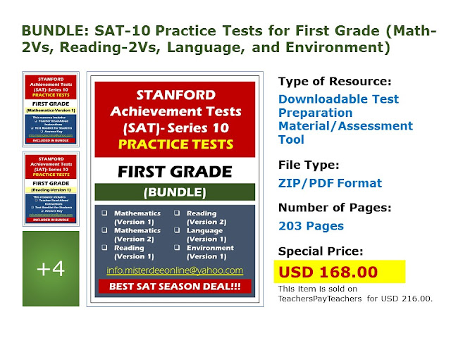 ONLINE SAT-10 Practice Tests for KG, Grade 1, and Grade 2: BUNDLE: SAT ...