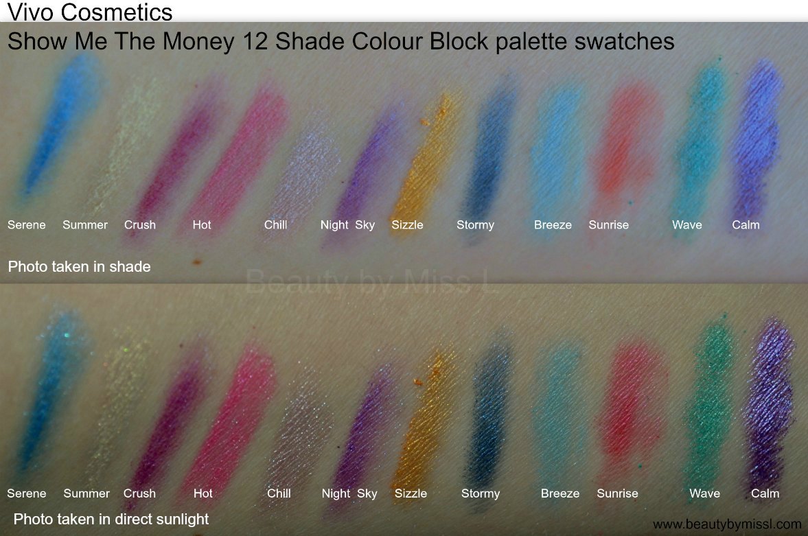 Vivo Cosmetics Show Me The Money 12 Shade Colour Block palette swatches ...