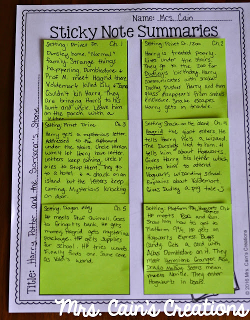 Mrs. Cain's Creations: Sticky Note Summaries...A Reading Strategy ...