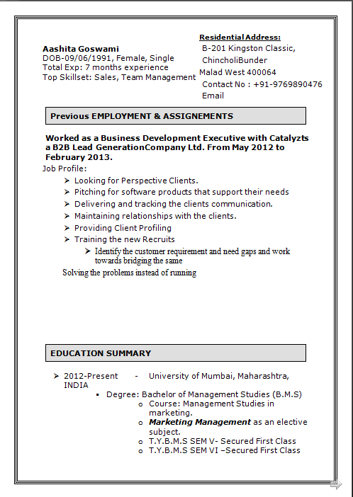 Dynamic Resume: Good CV Formats Free B.M.S.