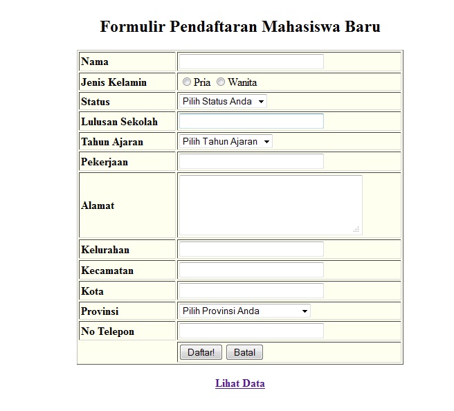Source Code Membuat Formulir Pendaftaran Mahasiswa Baru Php