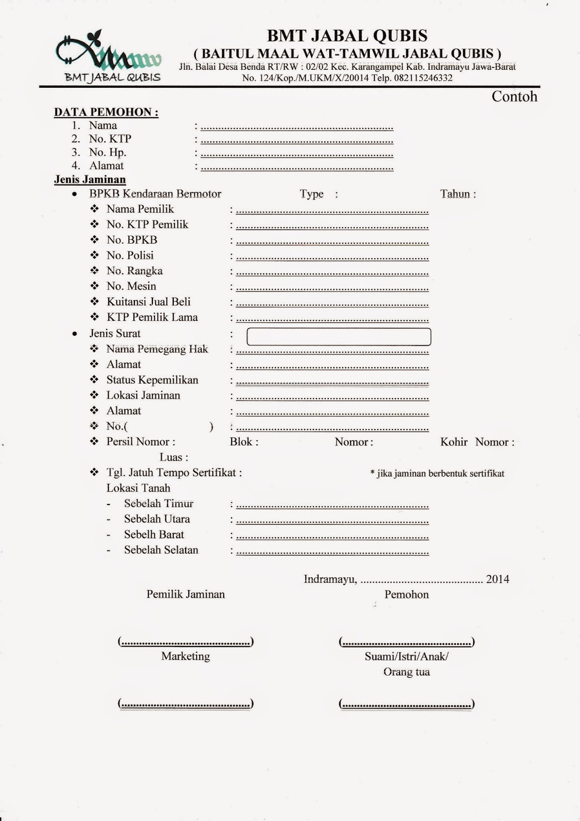 BMT JABAL QUBIS INDRAMAYU: Contoh Form Jaminan