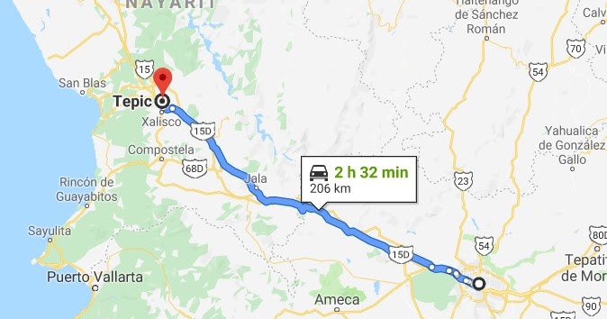 Guadalajara a Tepic por carretera kilometros y Cuota