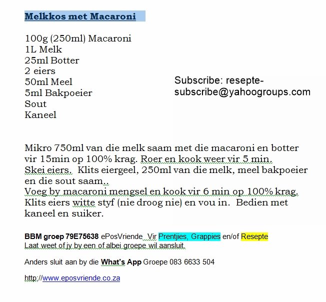 Lekker Resepte : Melkkos resepte.doc