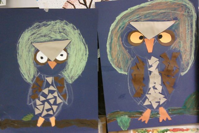 Room 101 Art: Cut Paper Owls and Oil Pastel, ages 7-9