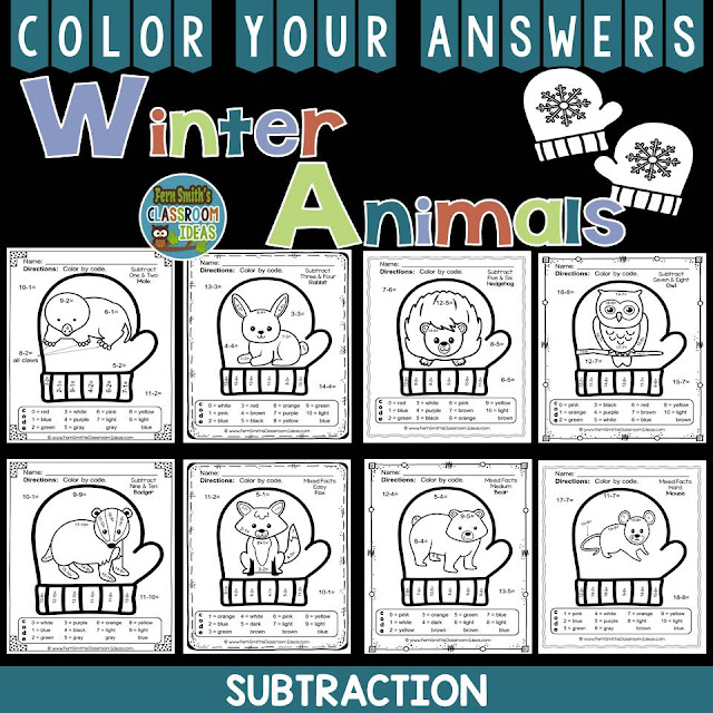 Winter Math January Bundle for Subtraction Facts - Color Your Answers ...