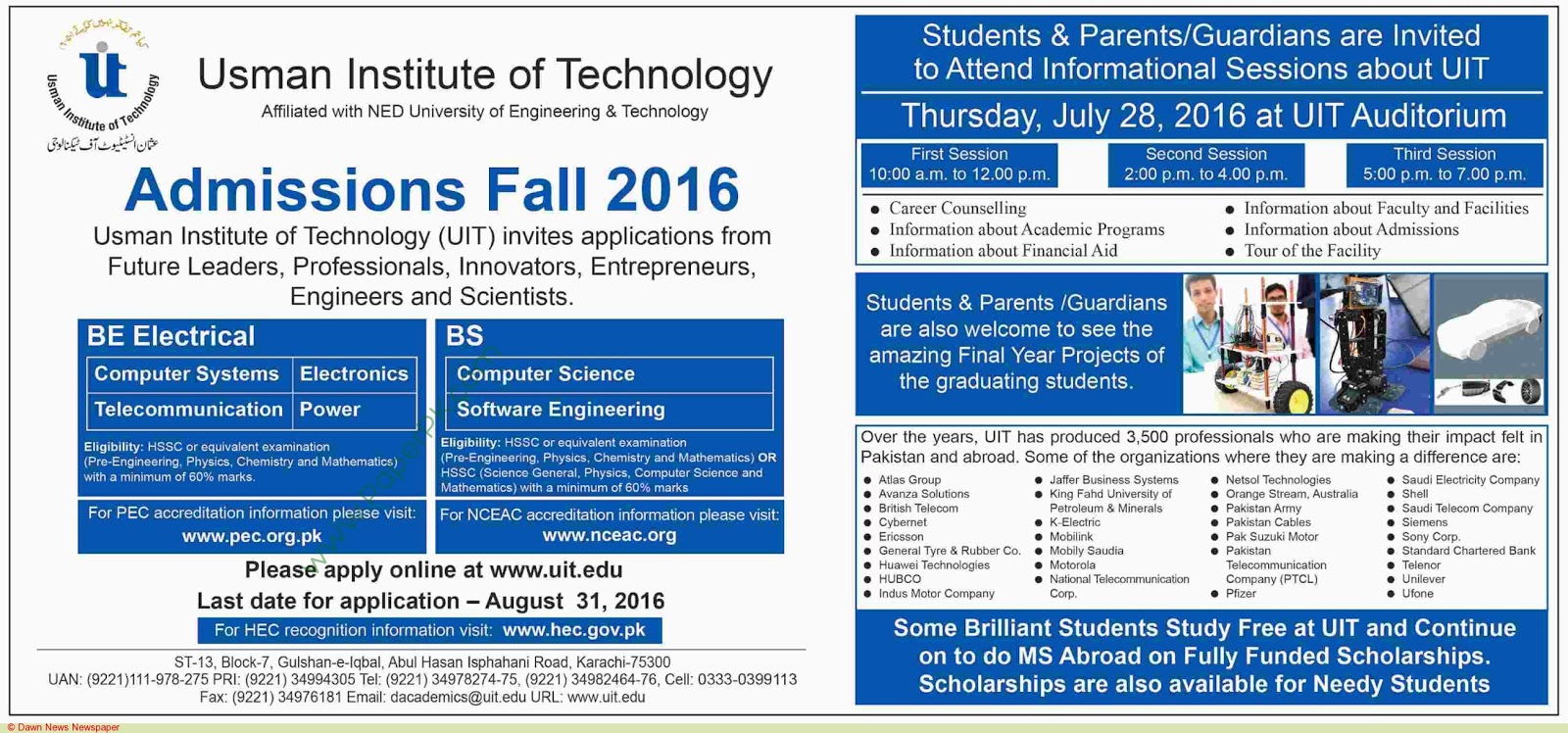 Usman Institute of Technology Admissions Open Fall 2016 - Computer Zila