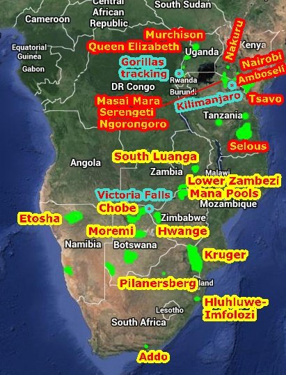 Game Safari Parks in Southern and Eastern Africa