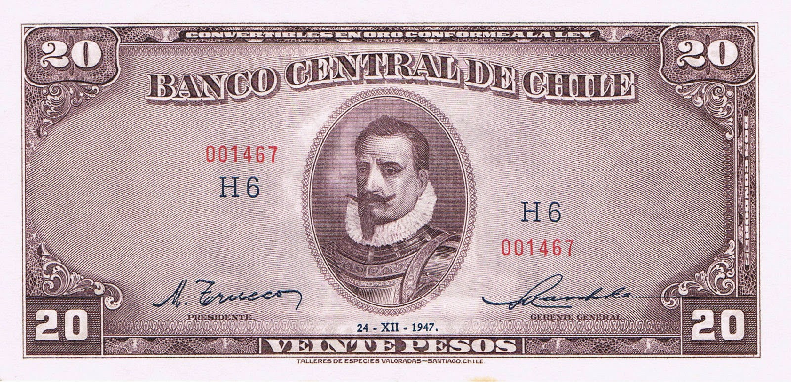 Chile 20 Pesos banknote 1947 Pedro de Valdivia|World Banknotes & Coins ...