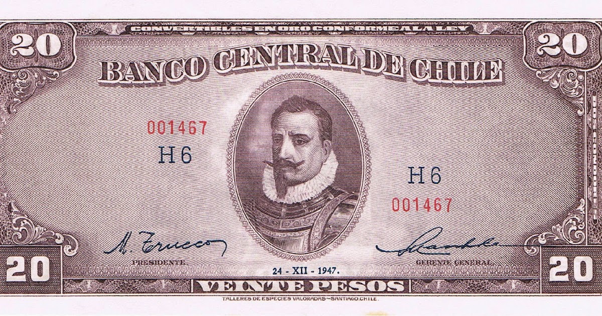 Chile 20 Pesos banknote 1947 Pedro de Valdivia|World Banknotes & Coins ...