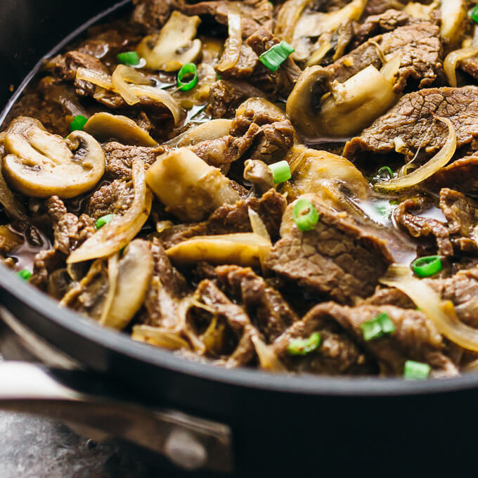 EASY BEEF WITH MUSHROOMS AND ONIONS - the menu food