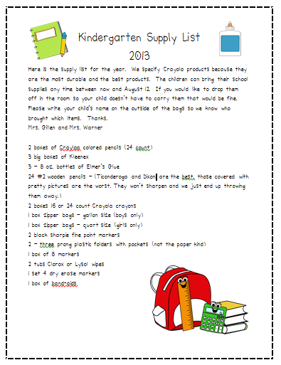 Mrs. Gillen's Kindergarten: School Supply List