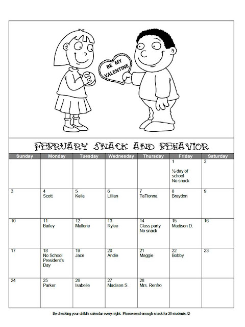 Kindergarten Times: February Snack Schedule