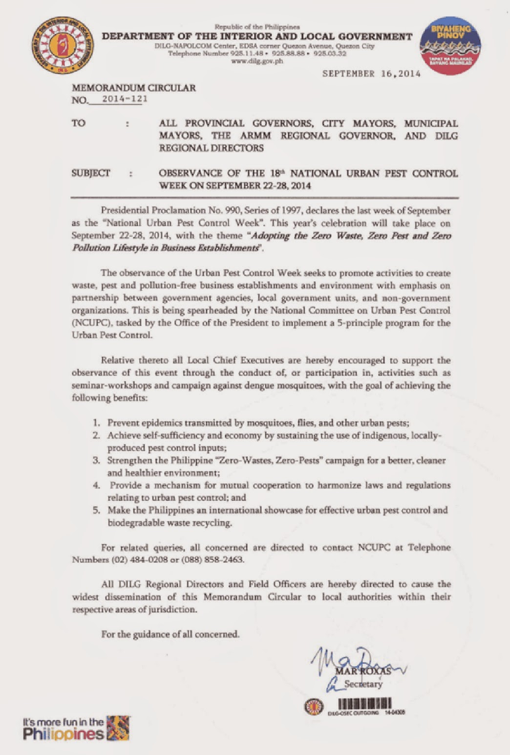 18th National Urban Pest Control Week: DILG Memorandum Circular 2014-121
