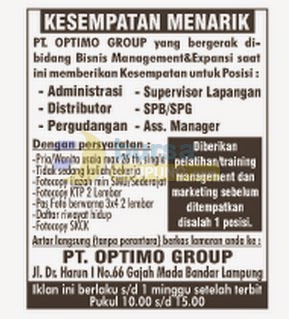 √ Peluang Kerja PT Optimo Group Lampung - Lowongan Kerja Lampung