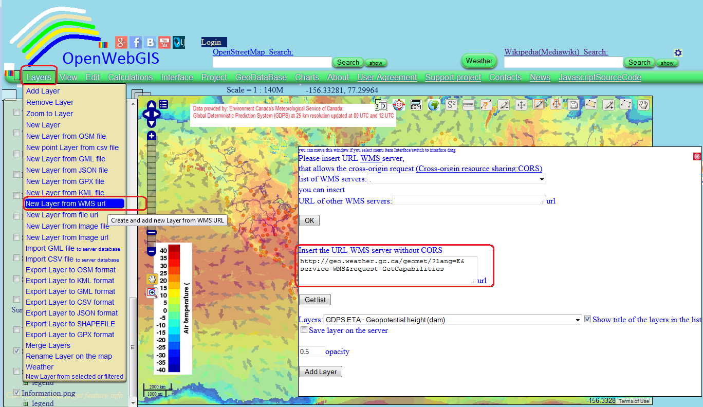OpenWebGIS is free online GIS: Weather in OpenWebGIS
