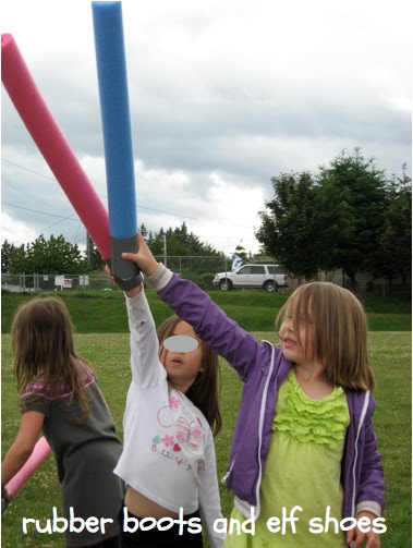 pool noodle swords - rubber boots and elf shoes