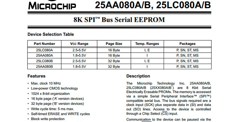 SergoBlock: Техническая спецификация 25AA080A/B, 25LC080A/B