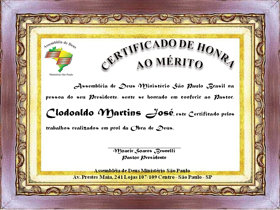 Adelia Brunelli: Certificado Honra ao Merito