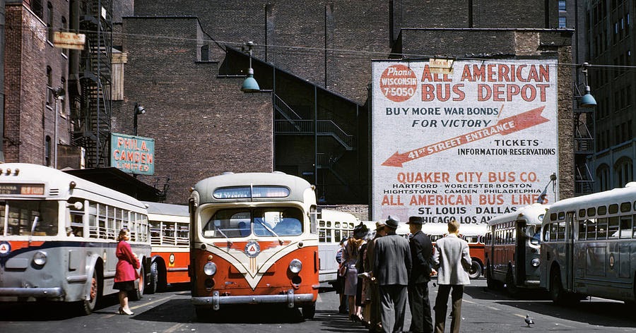 transpress nz: buses in the 41st Street depot, New York, 1940s