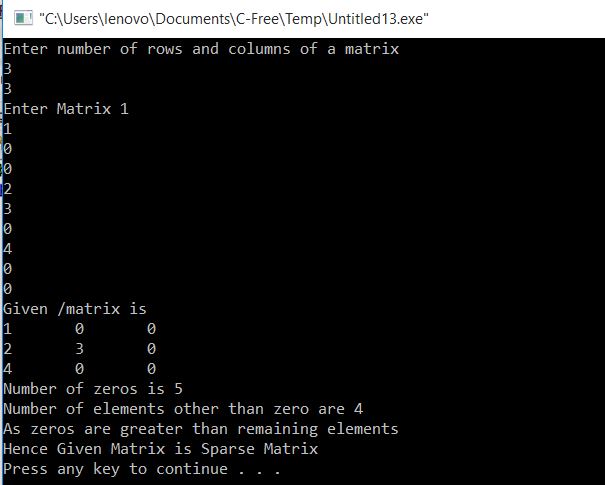 All C Programs: Program 136:To find whether given matrix is Sparse Matrix or not