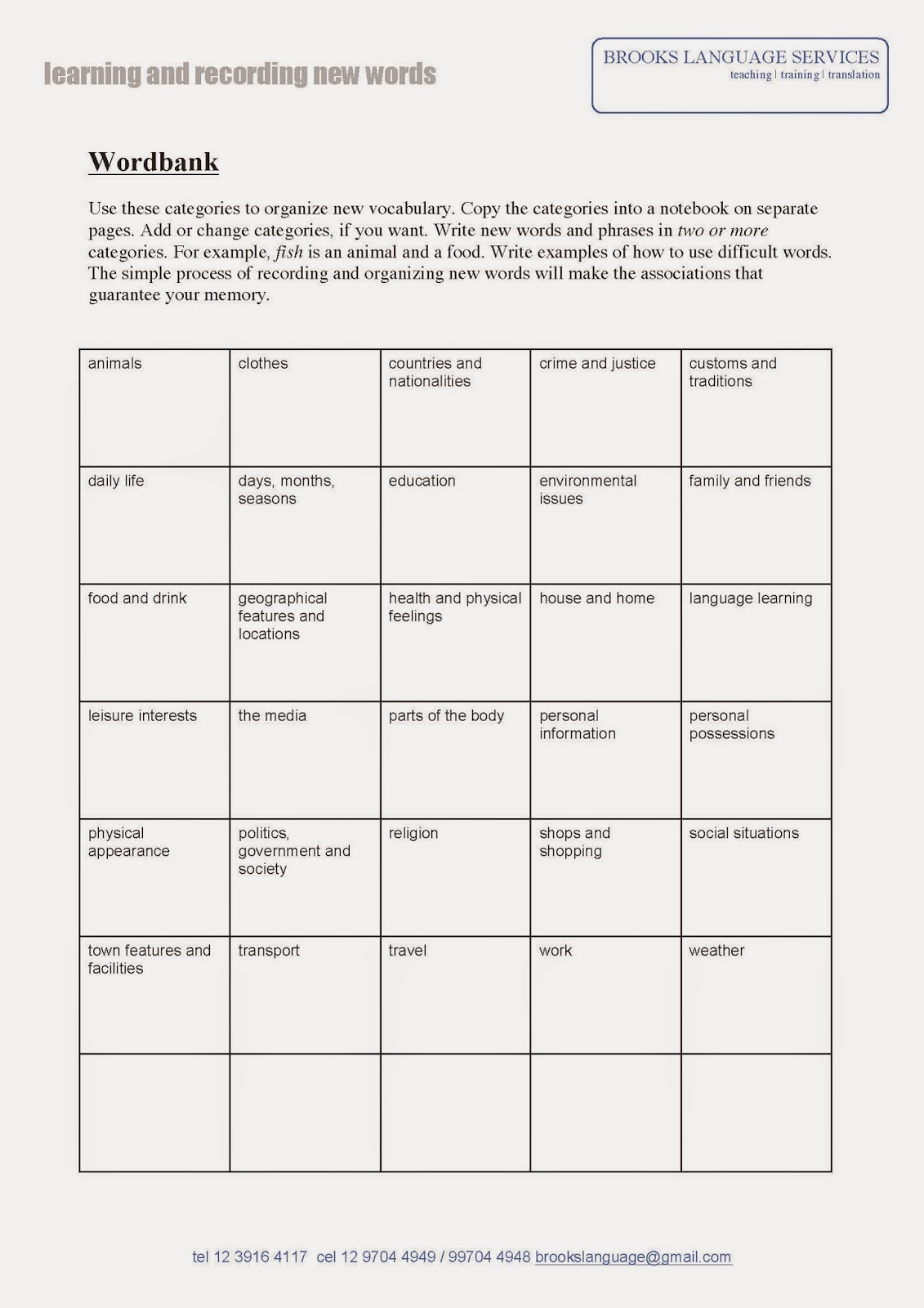 Learn English @ Brooks Language: Wordbank