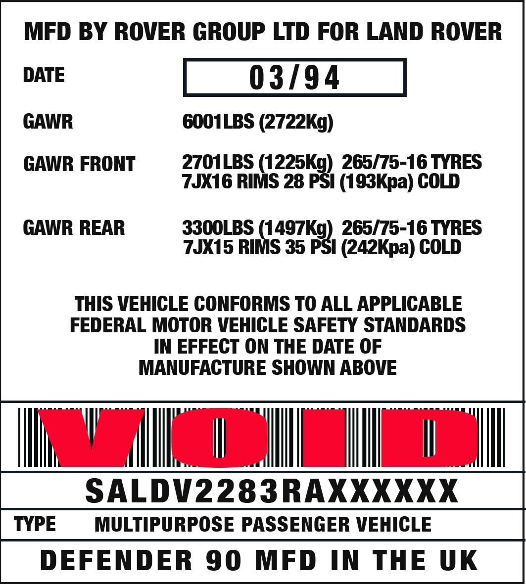 Replacement VIN (vehicle identification number) Stickers: 2016