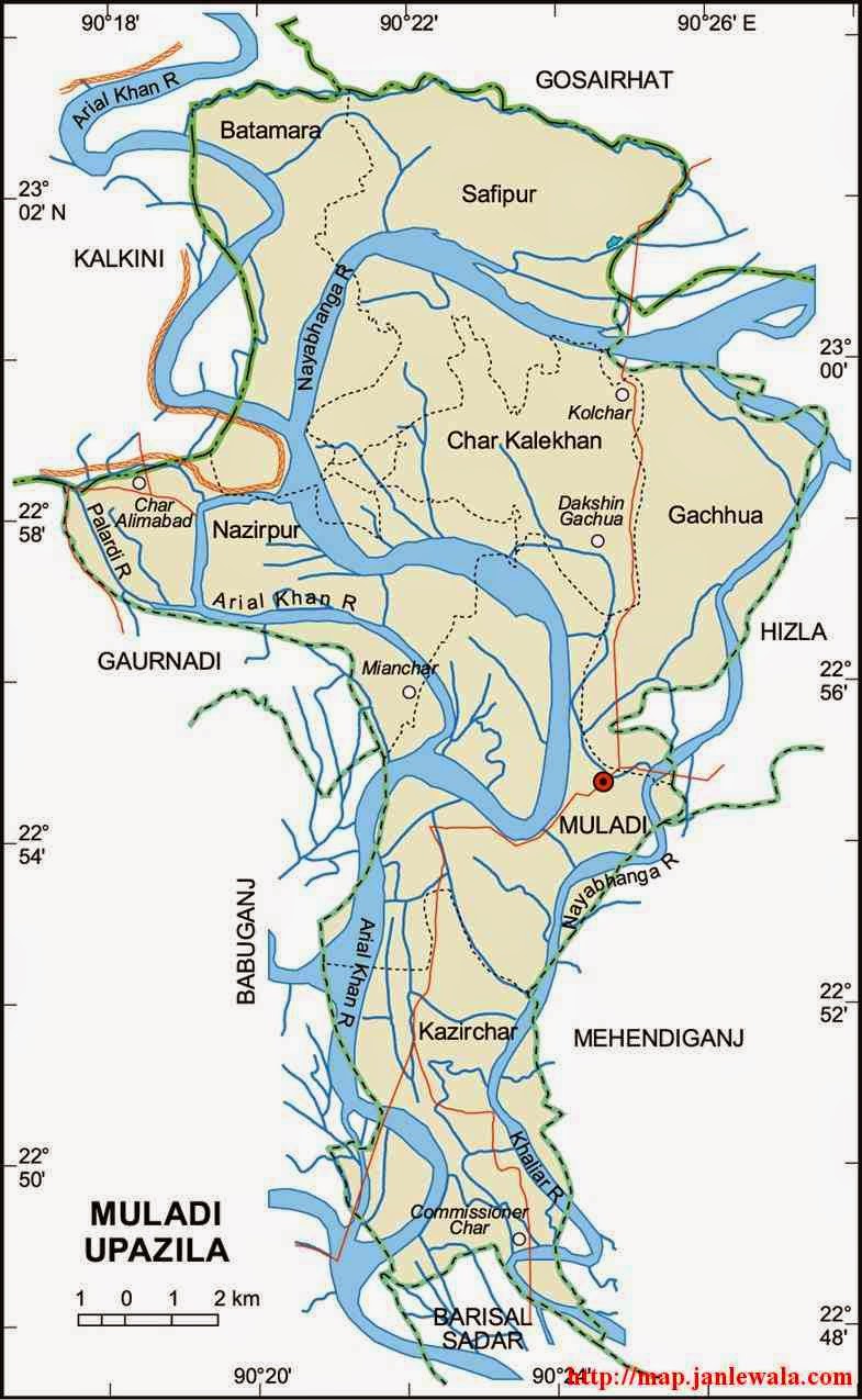 Muladi Upazila Map, Barisal District, Bangladesh