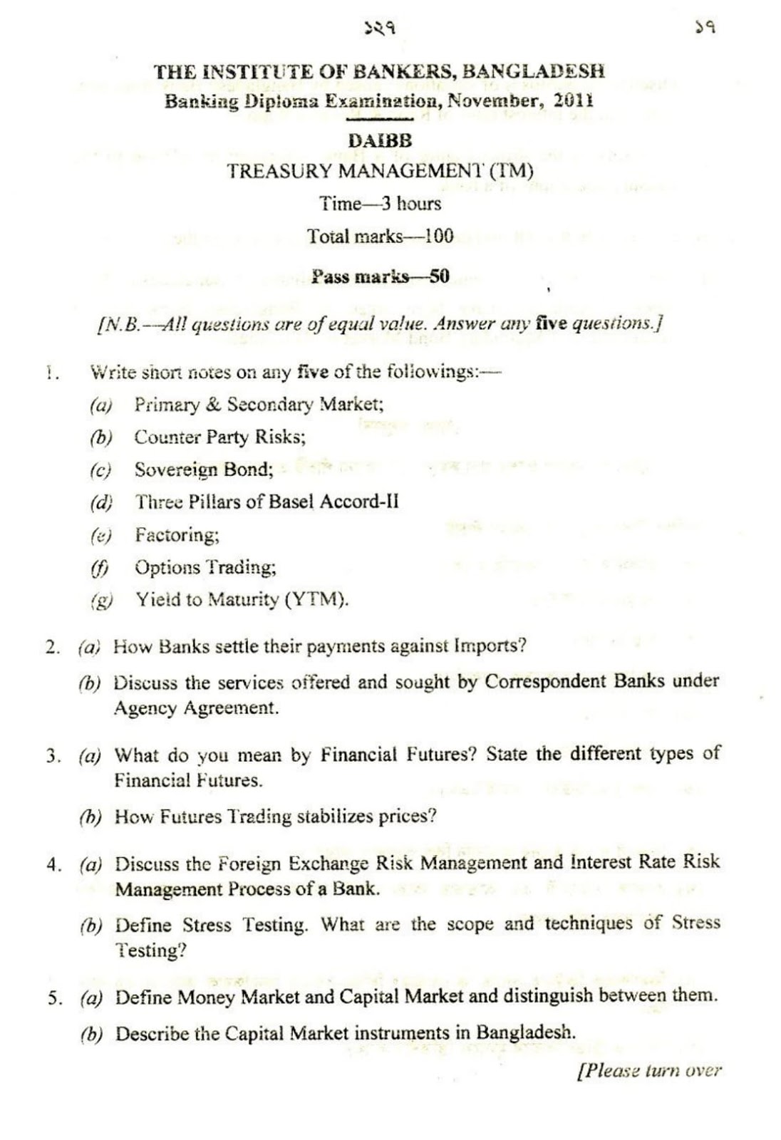 Treasury Management Question - Banking Diploma Education