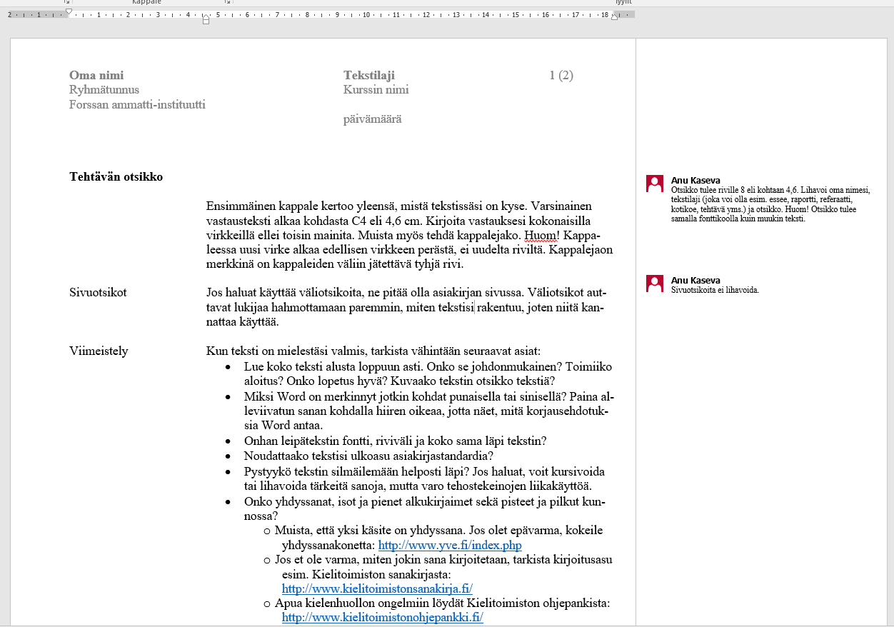 Fain Kauppis: Mallipohja kirjallisten töiden palautukseen