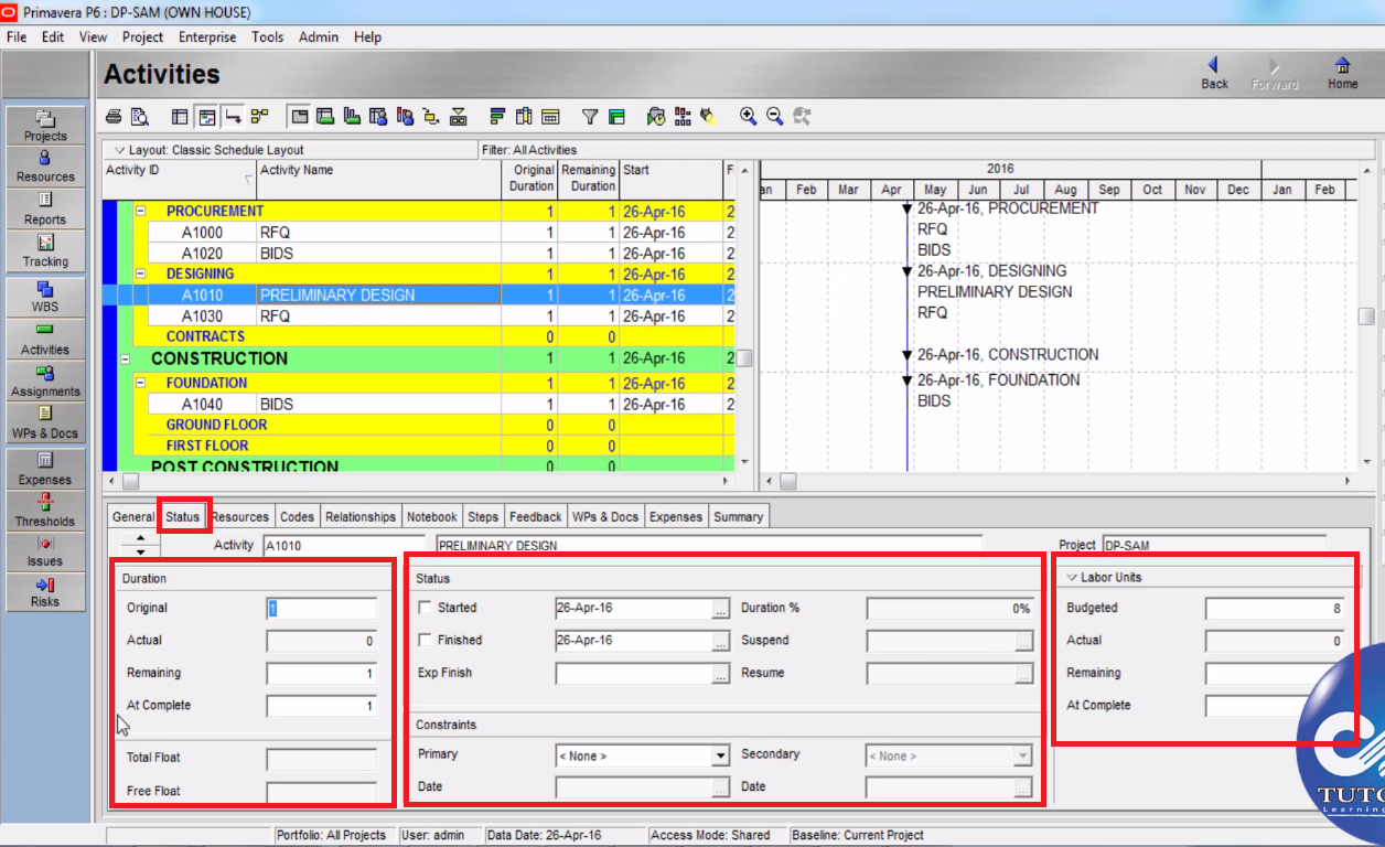 Primavera P6 Tutorial : Chapter 3.2 : Working with Activities