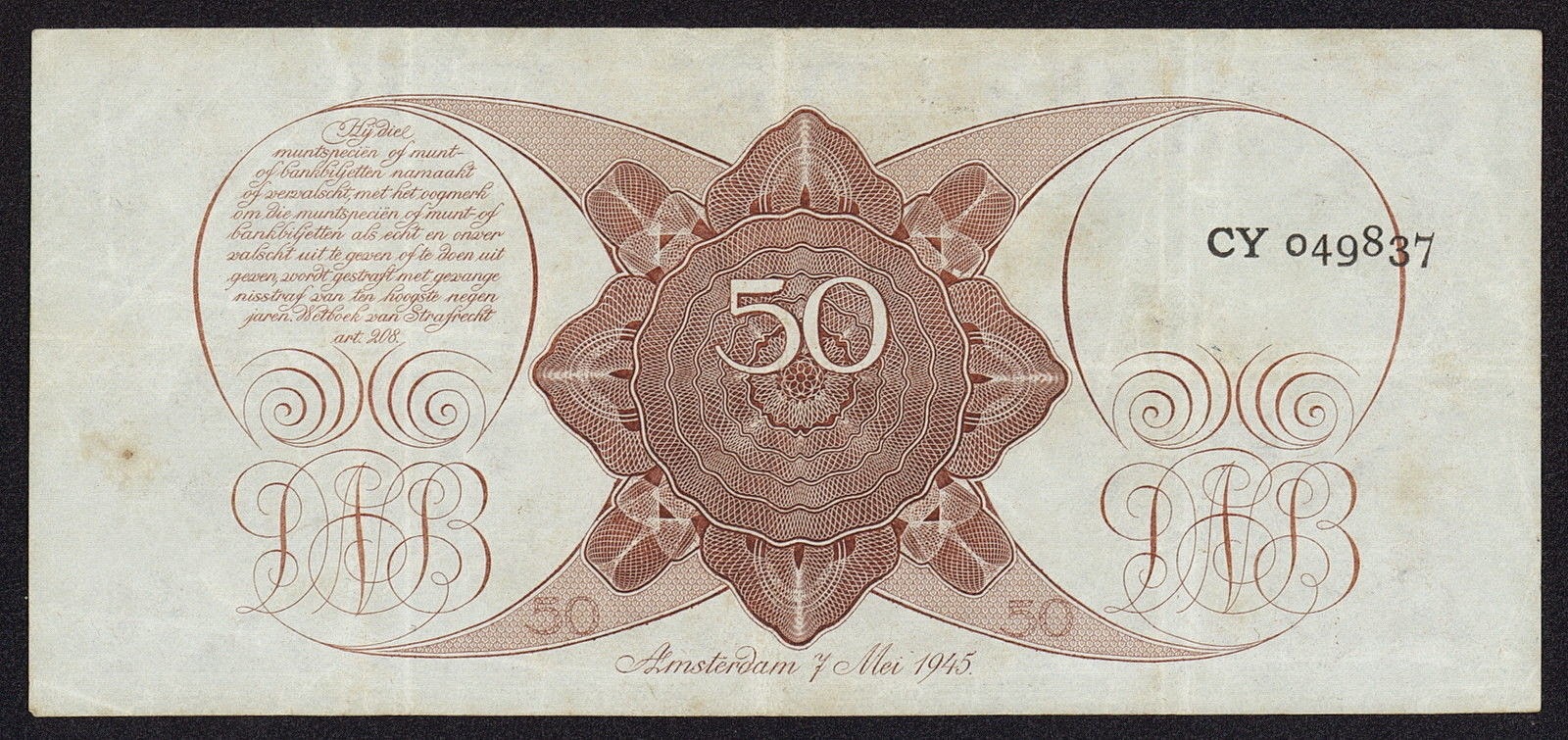 Netherlands 50 Gulden Banknote 1945 Prince William II of Orange-Nassau ...