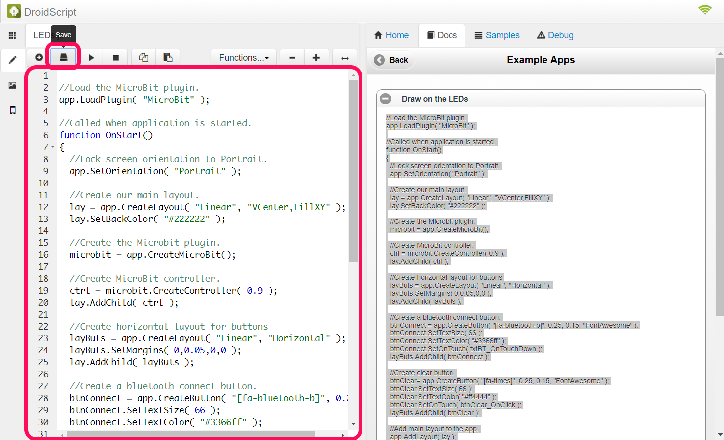 安裝 Android app - DroidScript 來寫 JavaScript 碼 即時點玩 BBC micro:bit LED矩陣