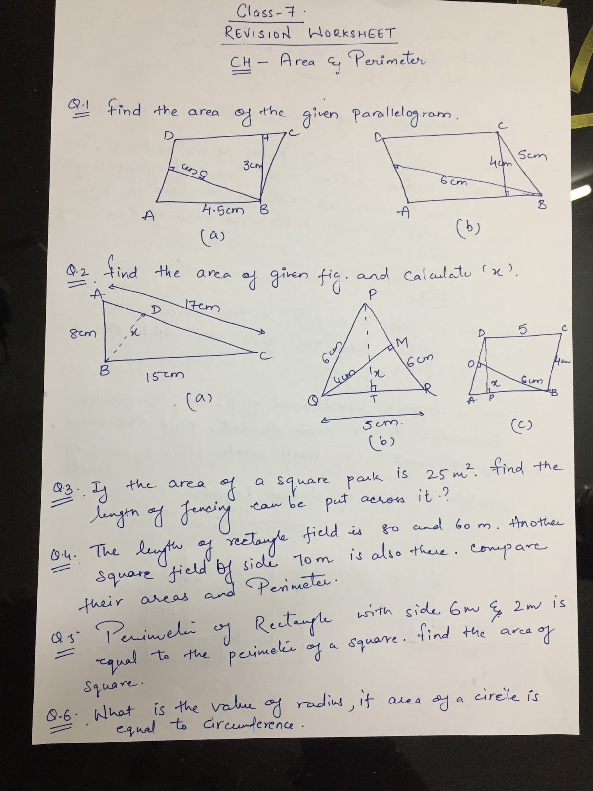 Perimeter And Area Class 7 Worksheet