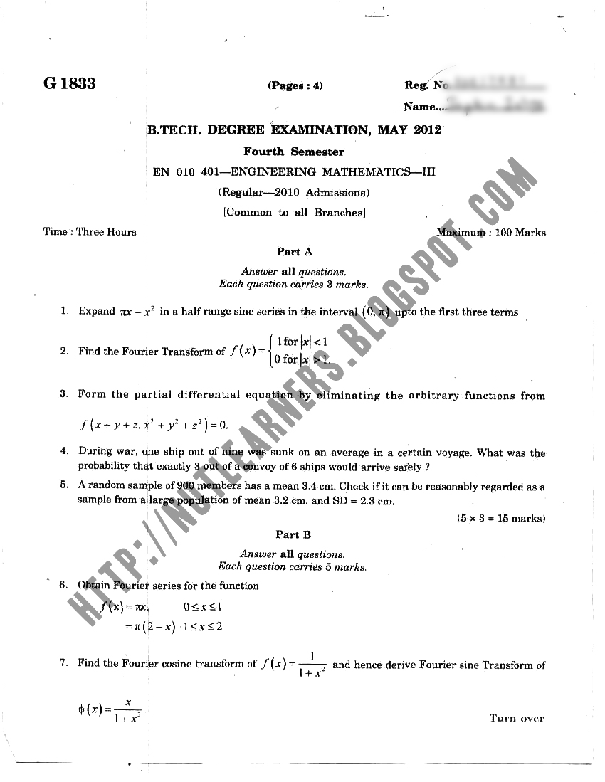 Engineering Mathematics III - MG University Question Paper | Nut Learners