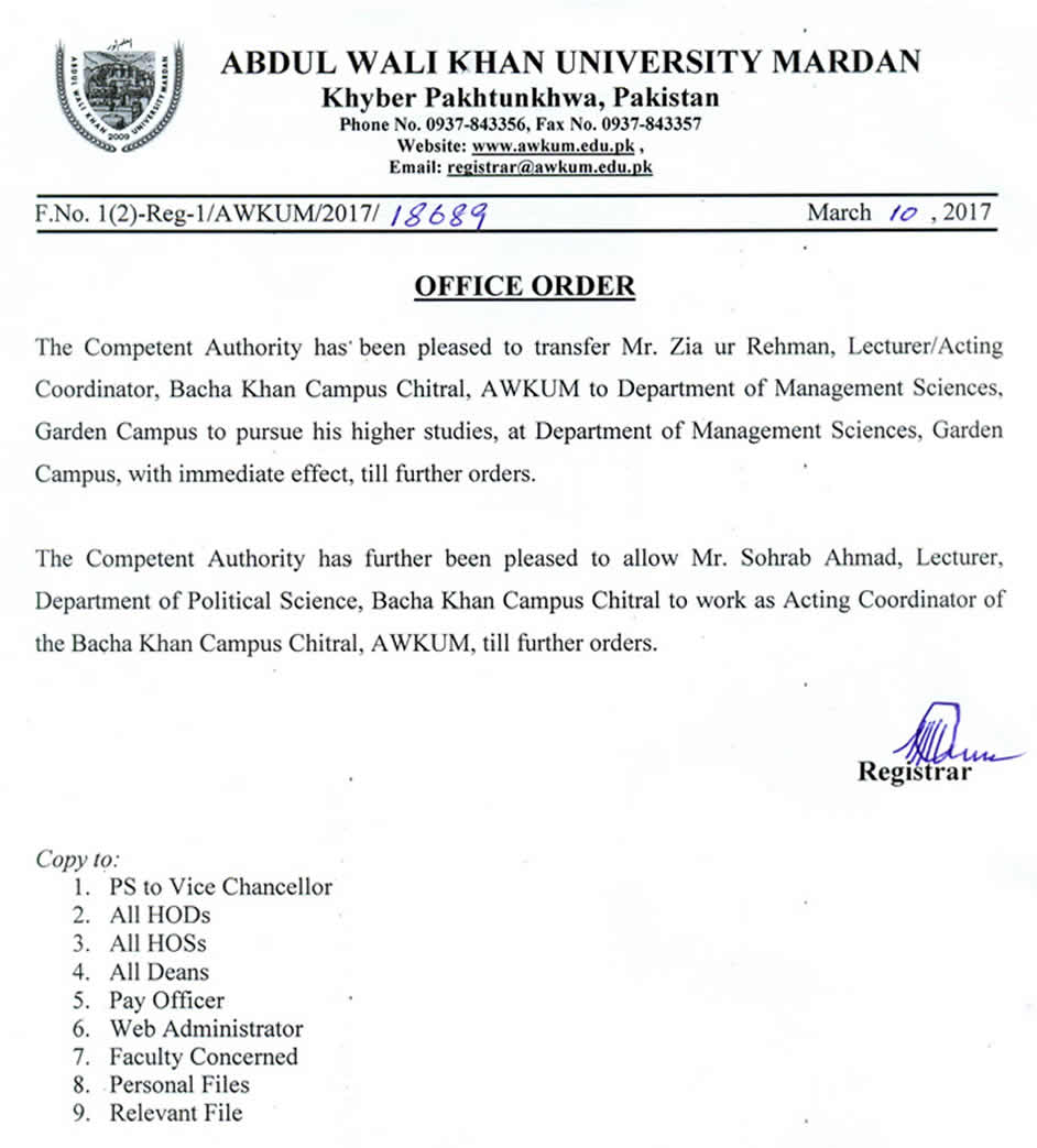 Abdul Wali Khan University Mardan: Office Orders