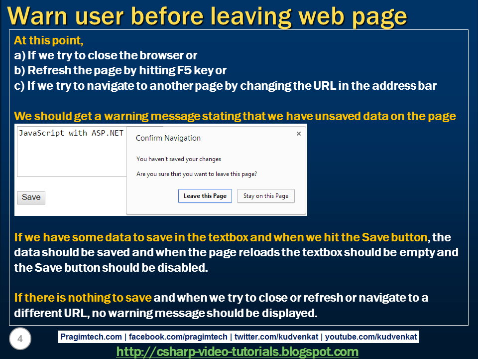 Sql server, .net and c# video tutorial: Warn user before leaving web ...