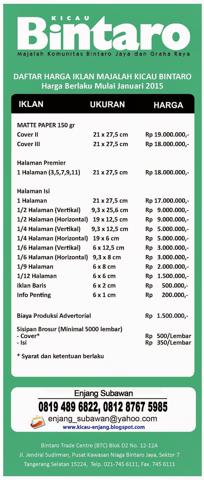 Kicau Bintaro - Enjang (Marketing Iklan): Daftar Harga Iklan Terbaru 2015