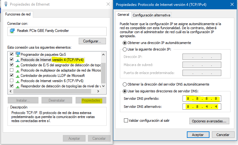 IdeaT: Configurar DNS de Google IPv4 e IPv6 en Windows vista/7/8/8.1/10