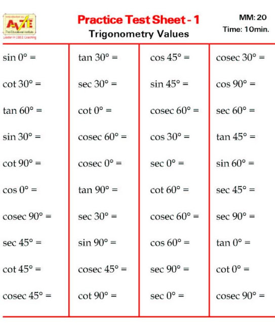 Practice Test Sheet - 1 for TRIGONOMETRY Values ( 0 to 90) degrees