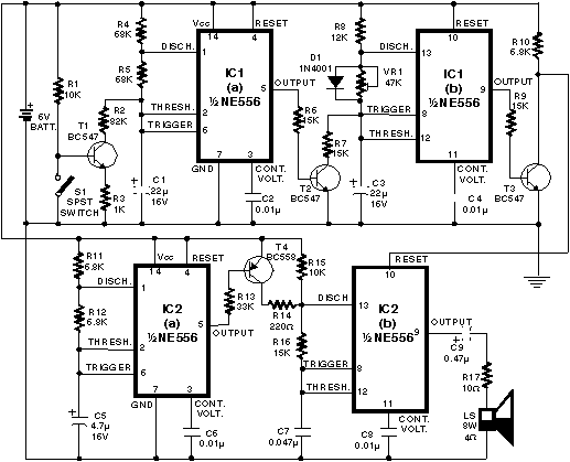 Telephone Ringer with 556 dual timers |simple schematic diagram